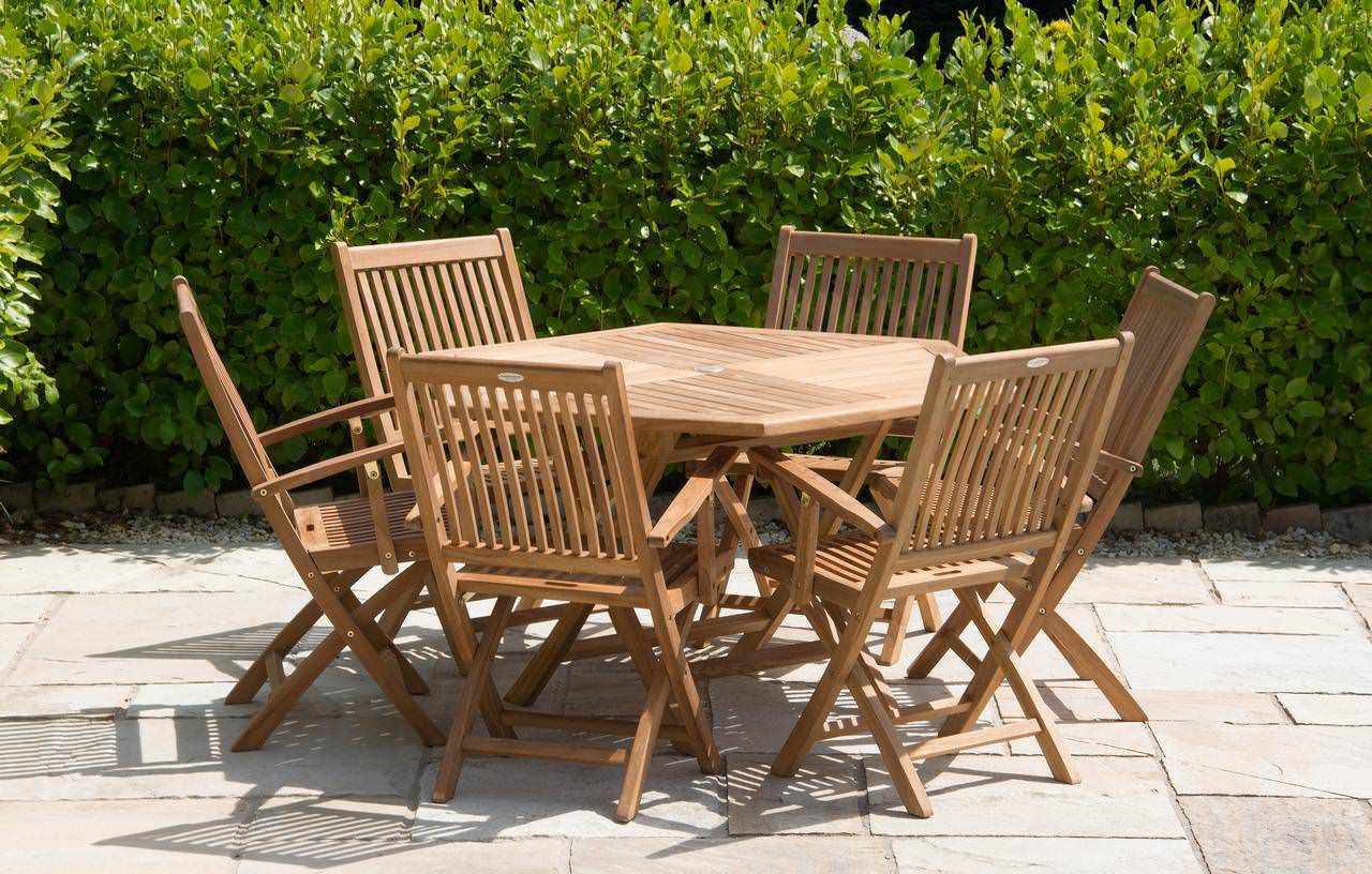 1.2m Teak Hexagonal Folding Table with 6 Kiffa Folding Armchairs ...