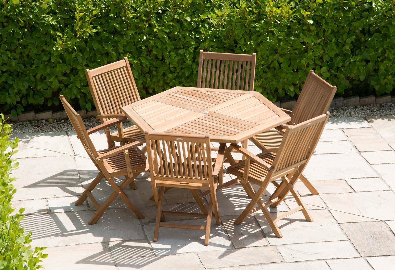 1.2m Teak Hexagonal Folding Table with 6 Kiffa Folding Armchairs ...