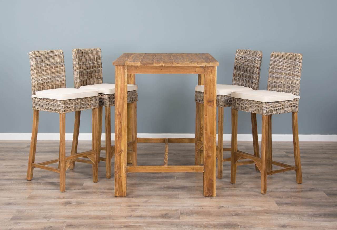 1.2m Reclaimed Teak Rectangular Bar Table with 4 Wicker Bar Stools ...