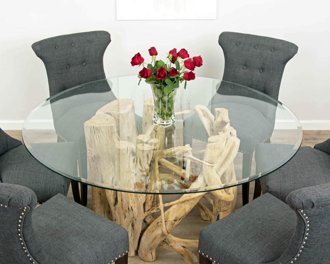 1.5m Java Root Circular Dining Table with 6 Dove Grey Windsor Ring Back ...