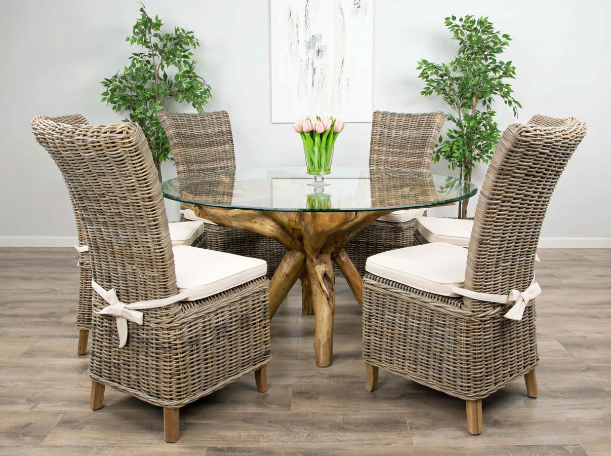 1.5m Reclaimed Teak Root Circular Dining Table with 6 Latifa Chairs ...