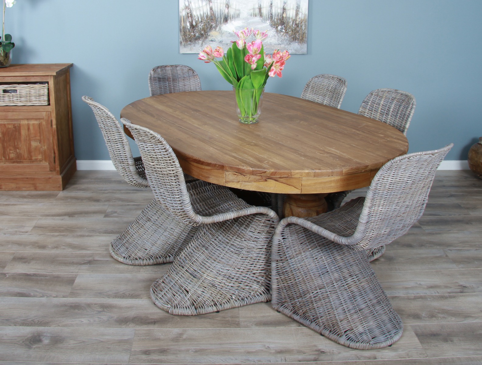 1.8m Reclaimed Teak Oval Pedestal Dining Table with 6 Zorro Chairs