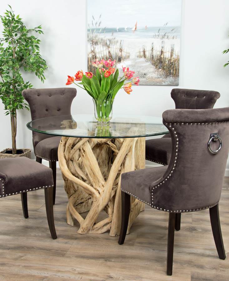 1.2m Java Root Circular Dining Table with 4 or 6 Velveteen Ring Back ...