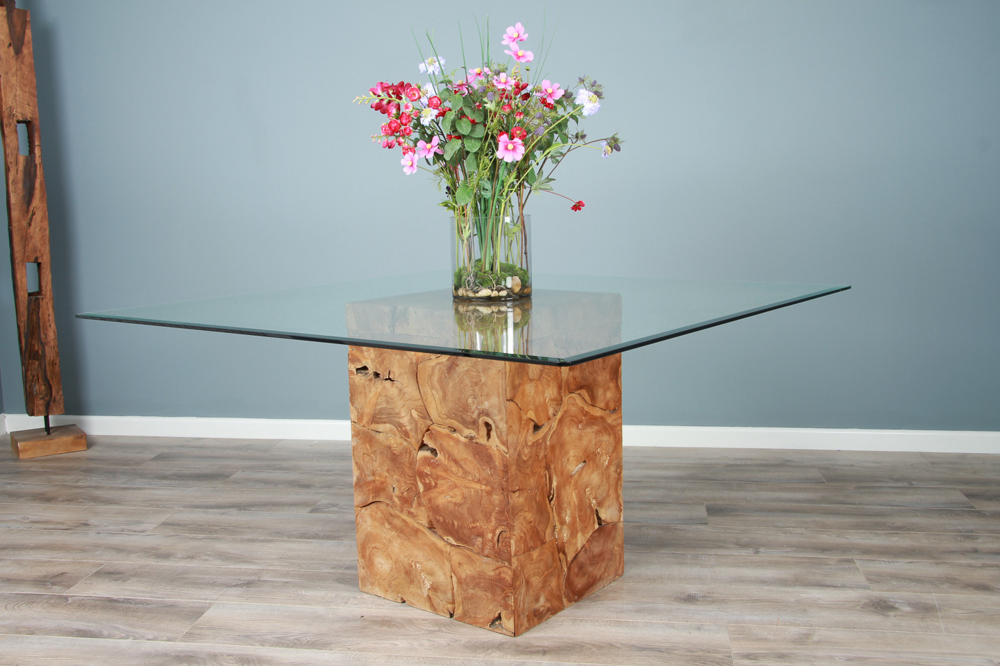1.4m Reclaimed Teak Root Square Block Dining Table with 6 Zorro Chairs ...