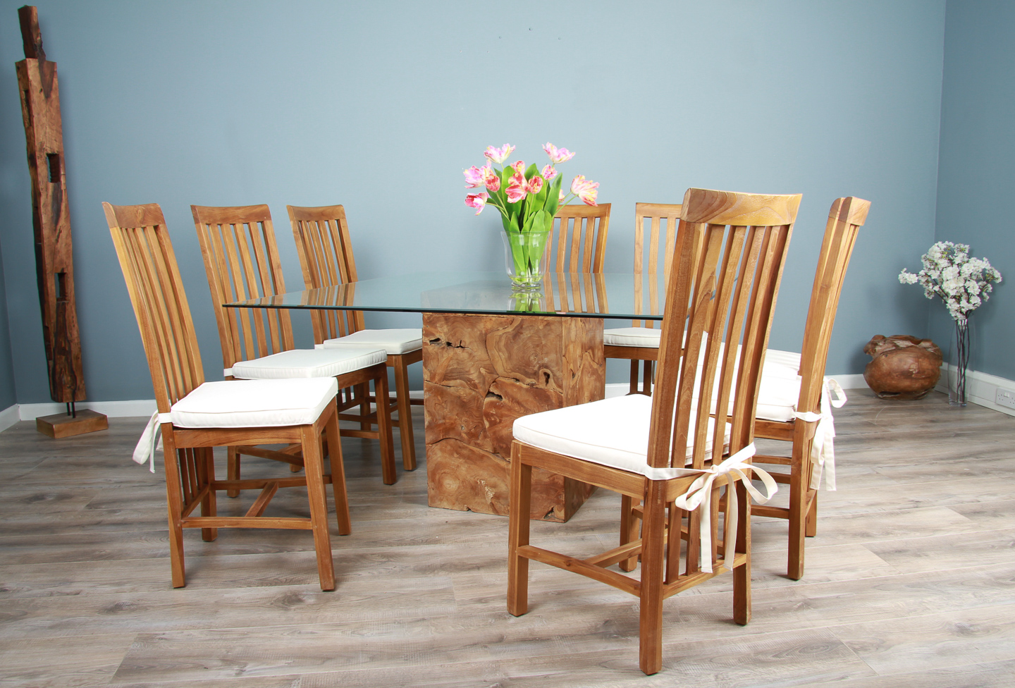 Square Teak Root Block Dining Table (140cm) with 8 Santos Chairs ...