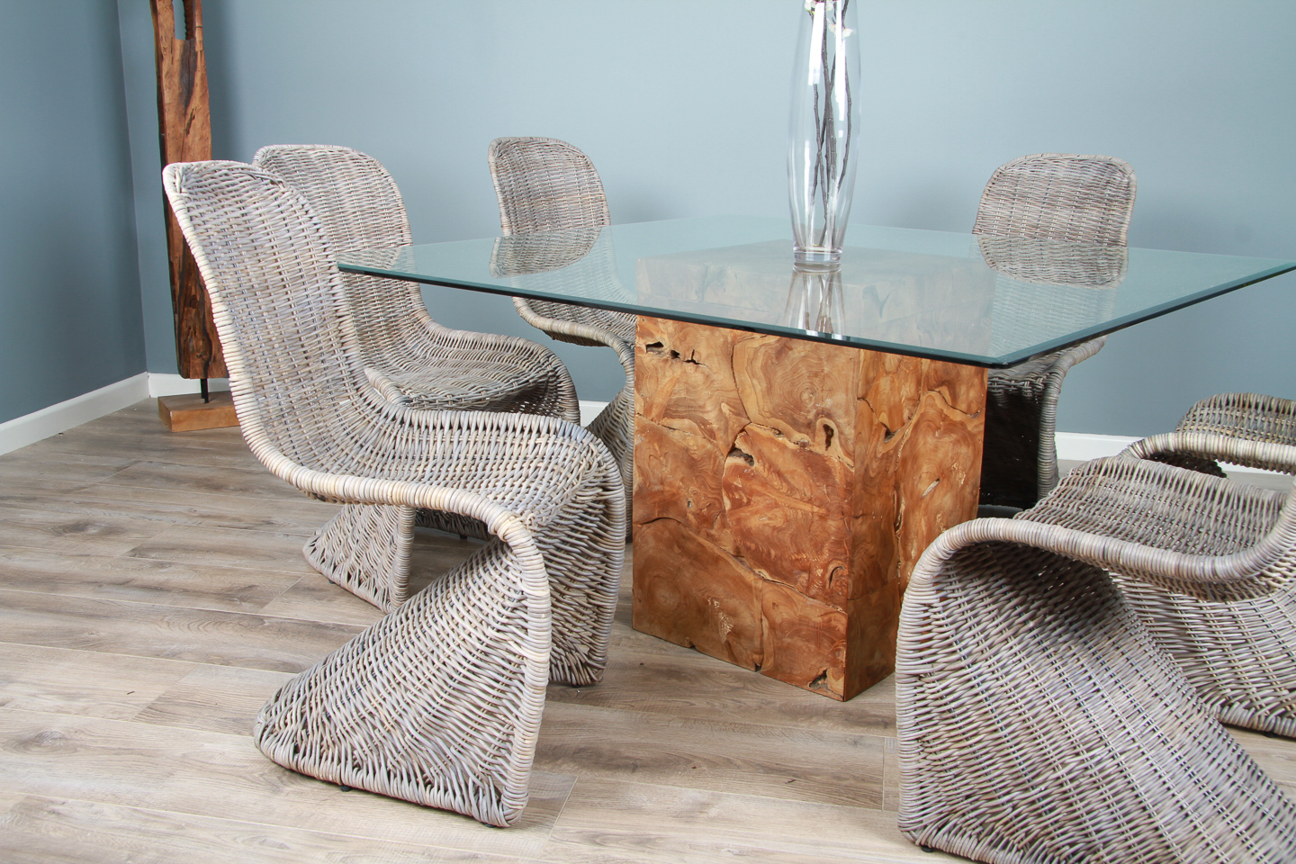 1.4m Reclaimed Teak Root Square Block Dining Table with 6 Zorro Chairs ...
