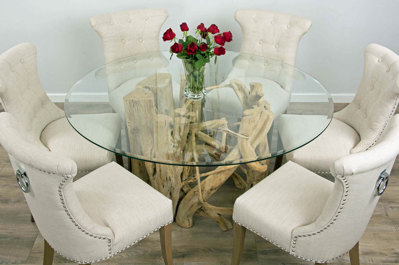 1.5m Java Root Circular Dining Table with 6 Natural Windsor Ring Back ...