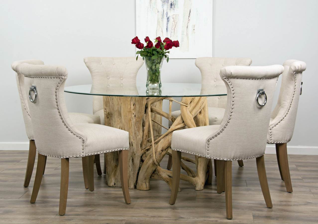 1.5m Java Root Circular Dining Table with 6 Natural Windsor Ring Back ...