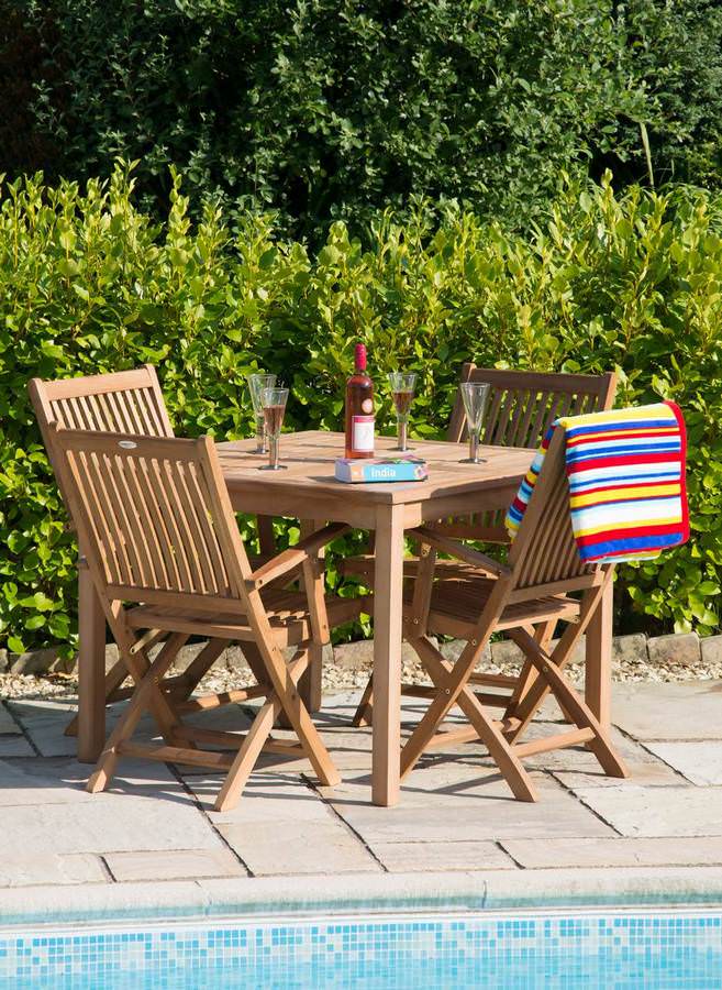 1m Teak Square Fixed Table with 4 Kiffa Folding Armchairs - Sustainable ...
