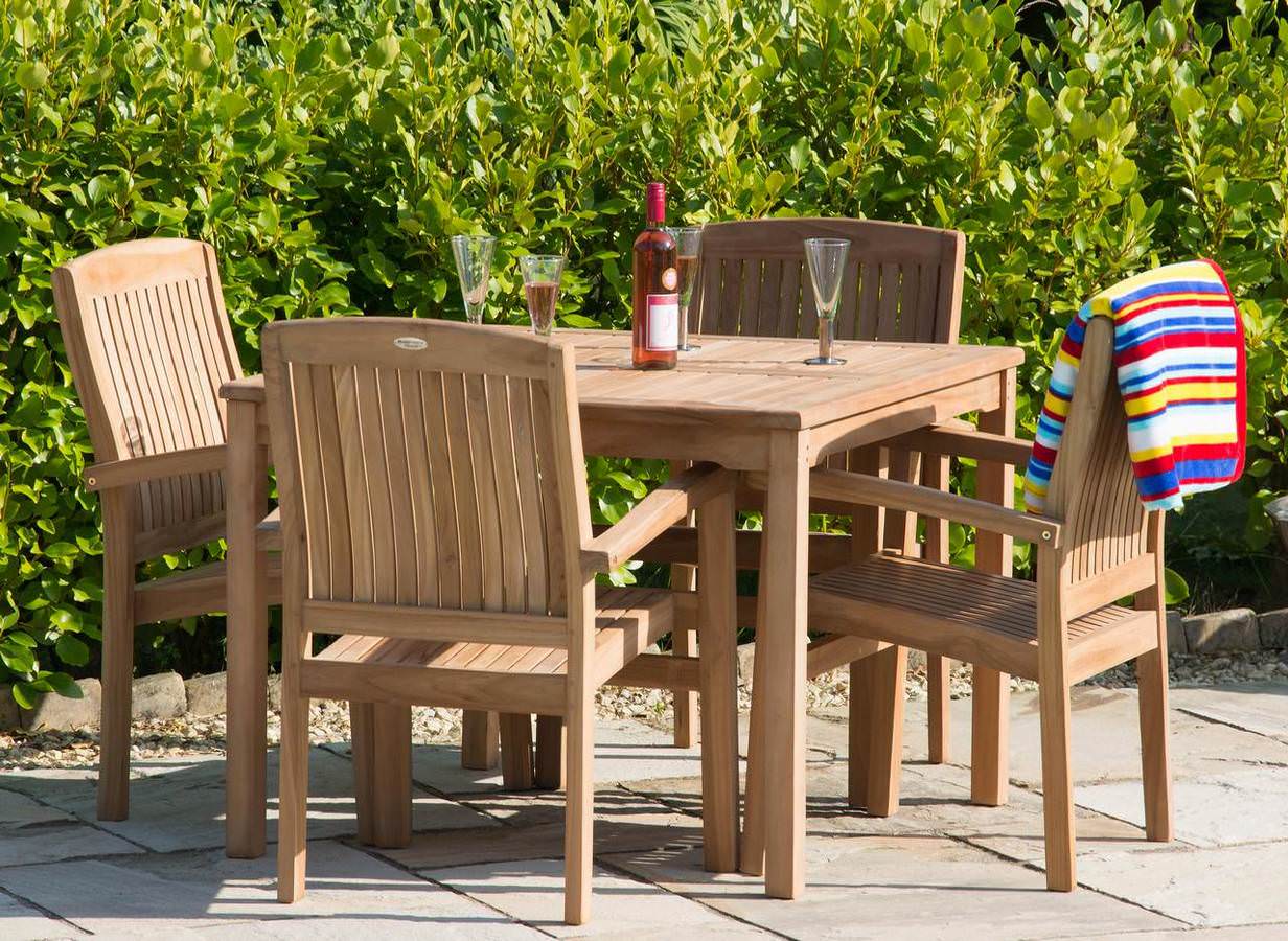 1m Teak Square Fixed Table with 4 Marley Chairs - With or Without Arms ...