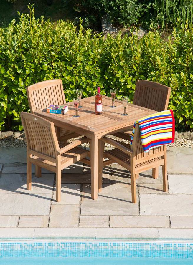 1m Teak Square Fixed Table with 4 Marley Chairs - With or Without Arms ...