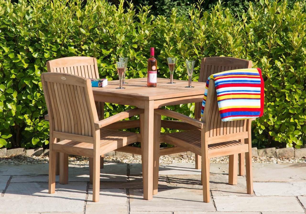 1m Teak Square Fixed Table with 4 Marley Chairs - With or Without Arms ...