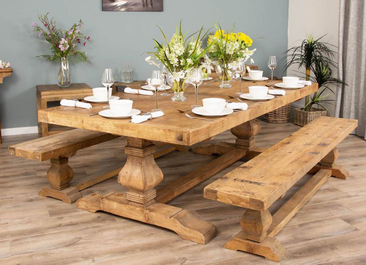 Reclaimed Elm Large Pedestal Table and Bench Set Sustainable Furniture