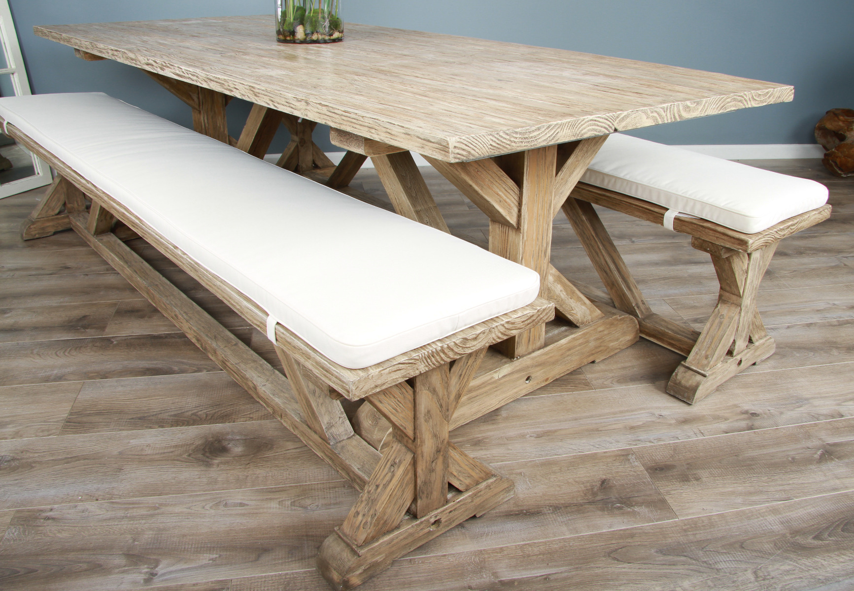 2.4m Reclaimed Pine Cross Dining Table with 2 Dining Benches ...