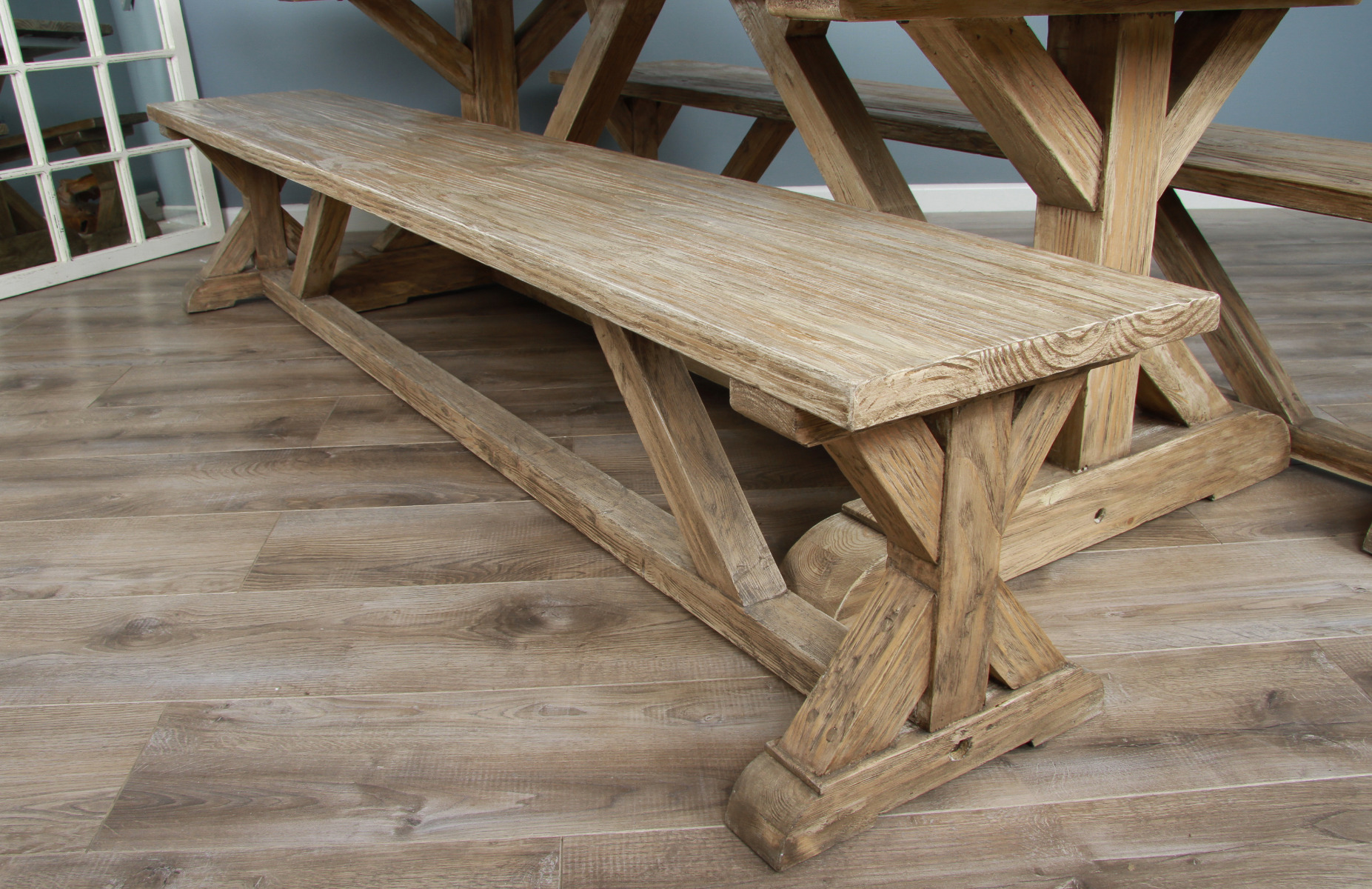 2.4m Reclaimed Pine Cross Dining Bench - Sustainable Furniture