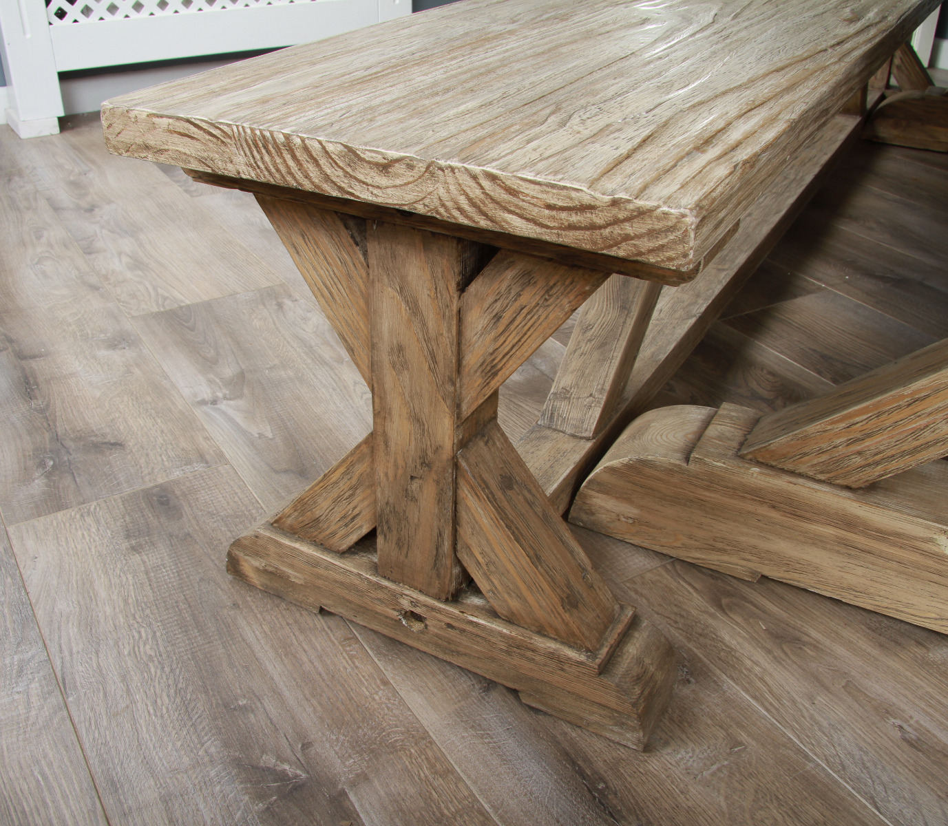 2.4m Reclaimed Pine Cross Dining Bench - Sustainable Furniture