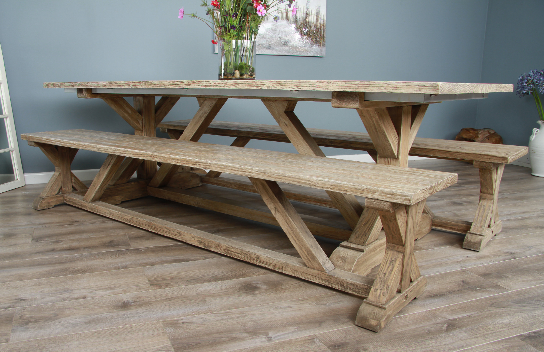 2.4m Reclaimed Pine Cross Dining Table with 2 Dining Benches ...