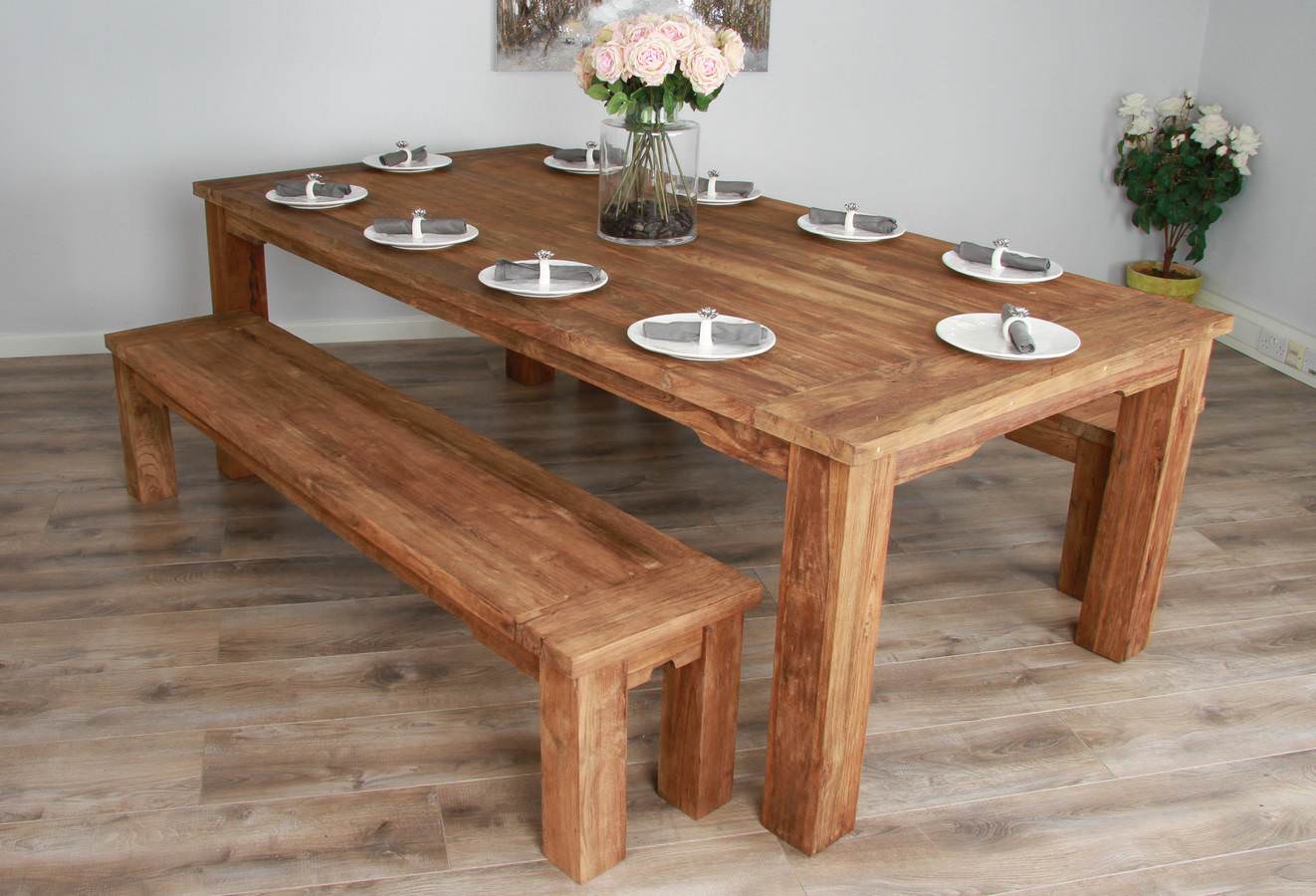 2.4m Reclaimed Teak Taplock Dining Table with 2 Backless Benches ...