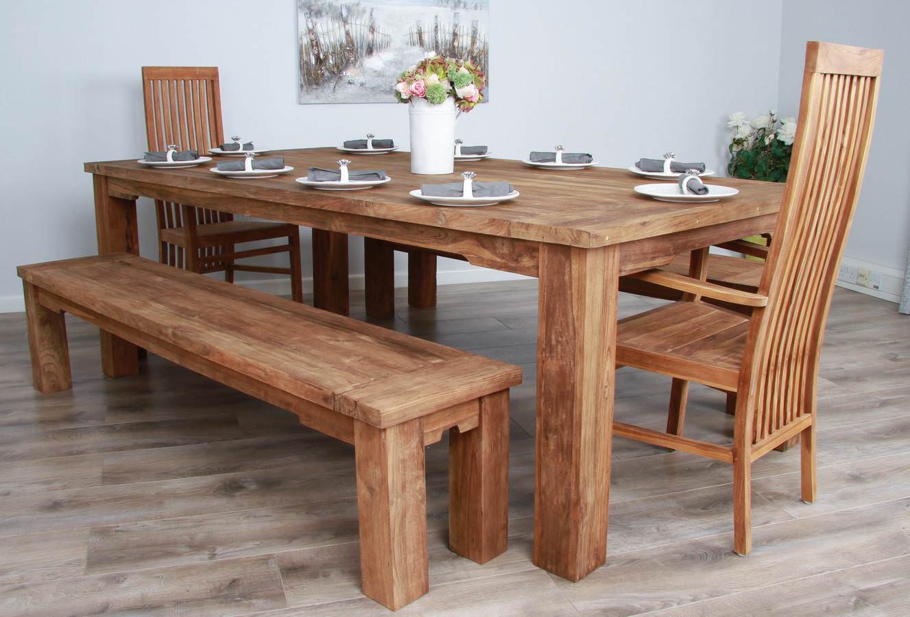 2.4m Reclaimed Teak Taplock Dining Table with 2 Backless Benches & 2 ...