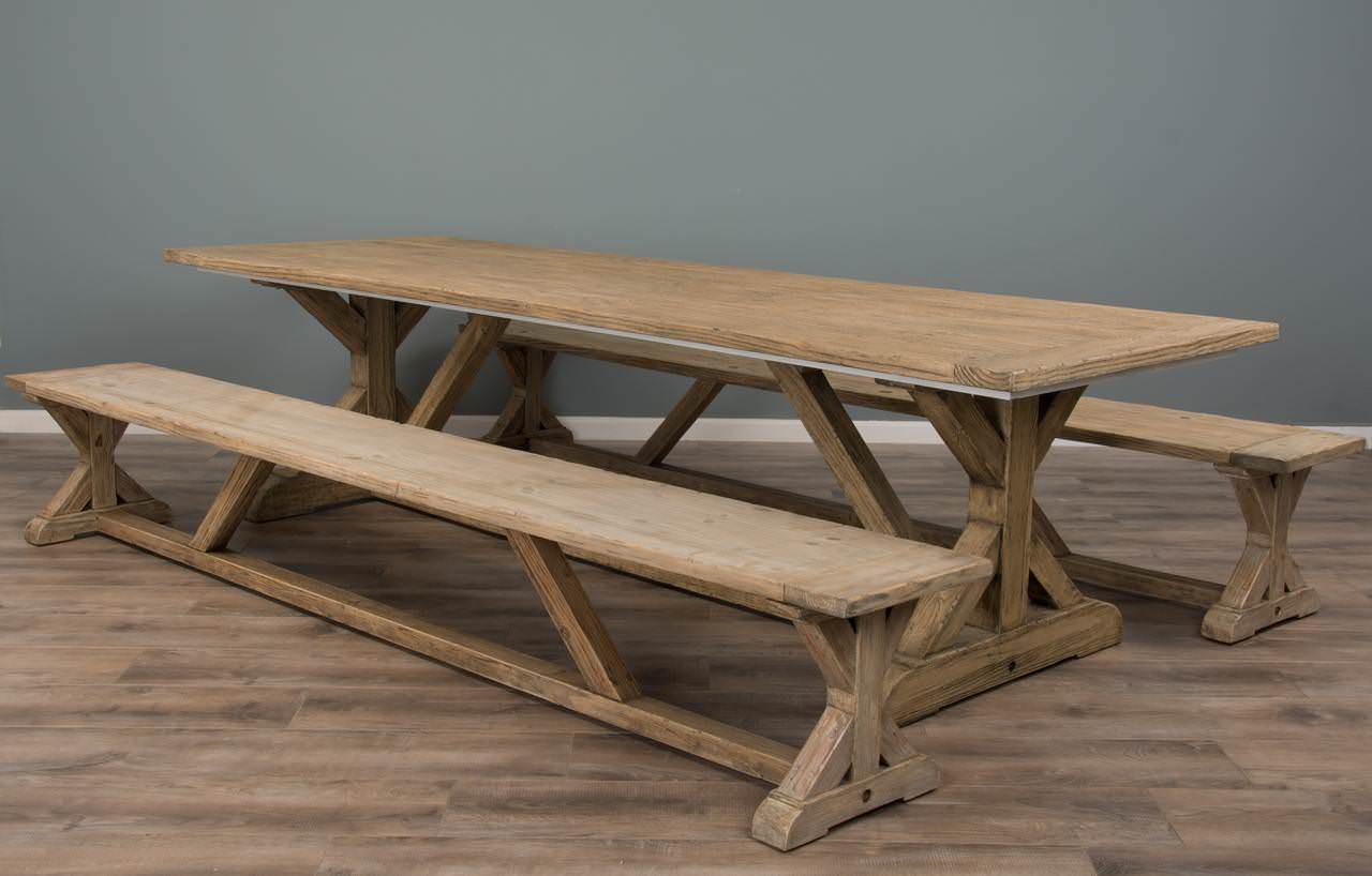 3m Reclaimed Pine Cross Table with Two Dining Benches - Sustainable ...
