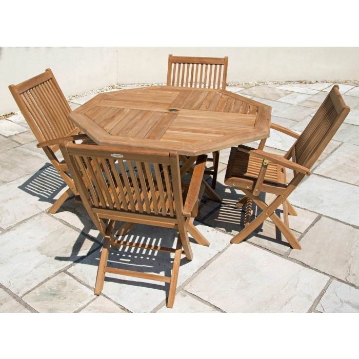 1.2m Teak Octagonal Folding Table with 4 Kiffa Folding Armchairs ...