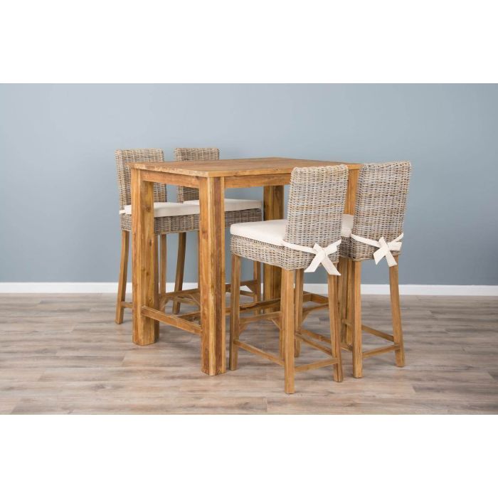 1.2m Reclaimed Teak Rectangular Bar Table with 4 Wicker Bar Stools - Sustainable Furniture