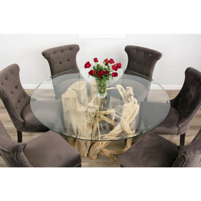 1.5m Java Root Dining Table with 6 Velveteen Ring Back Dining Chairs ...