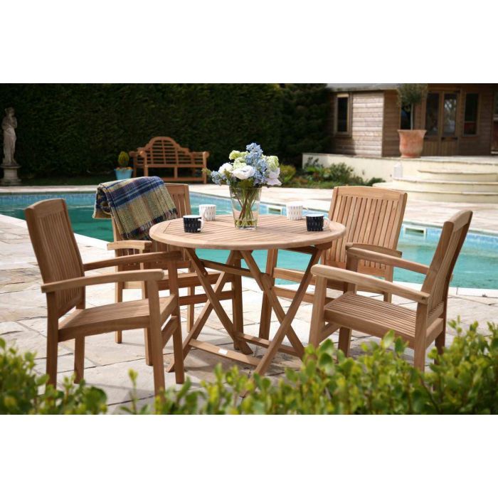 1m Teak Circular Folding Table with 4 Marley Armchairs - Sustainable ...