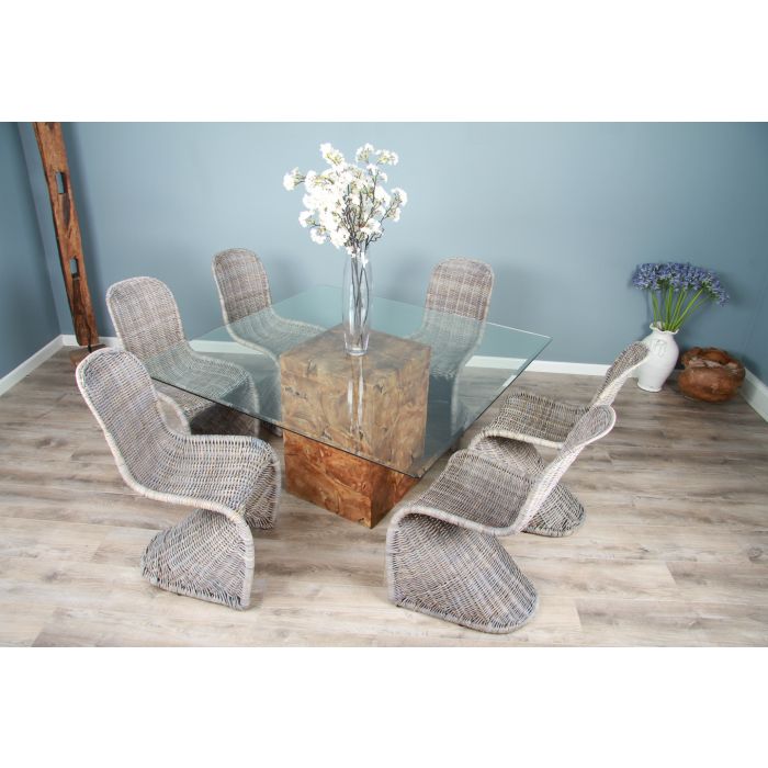 1.4m Reclaimed Teak Root Square Block Dining Table with 6 Zorro Chairs ...