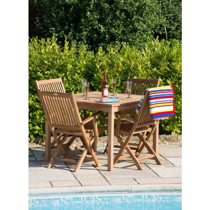 1m Teak Square Fixed Table with 4 Kiffa Folding Armchairs - Sustainable ...