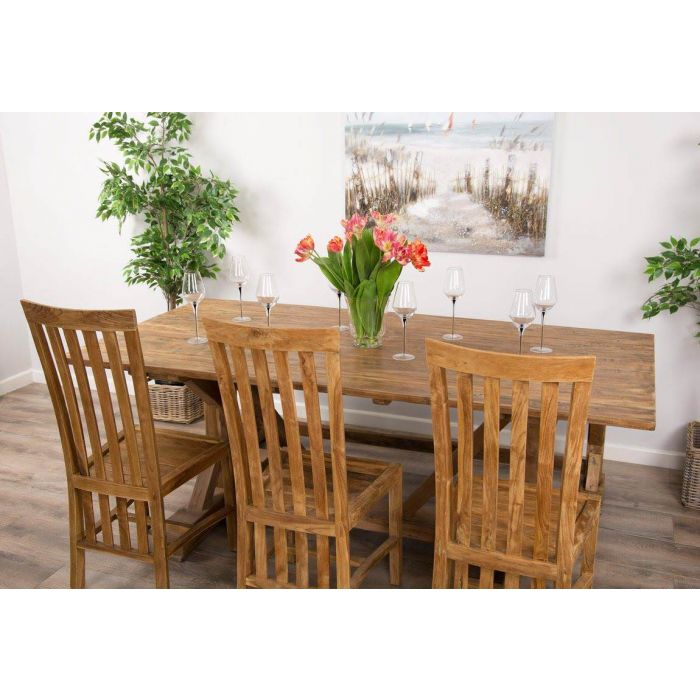 2m Reclaimed Teak Refectory Dining Table with 1 Backless Bench & 3 Santos Chairs - Sustainable ...