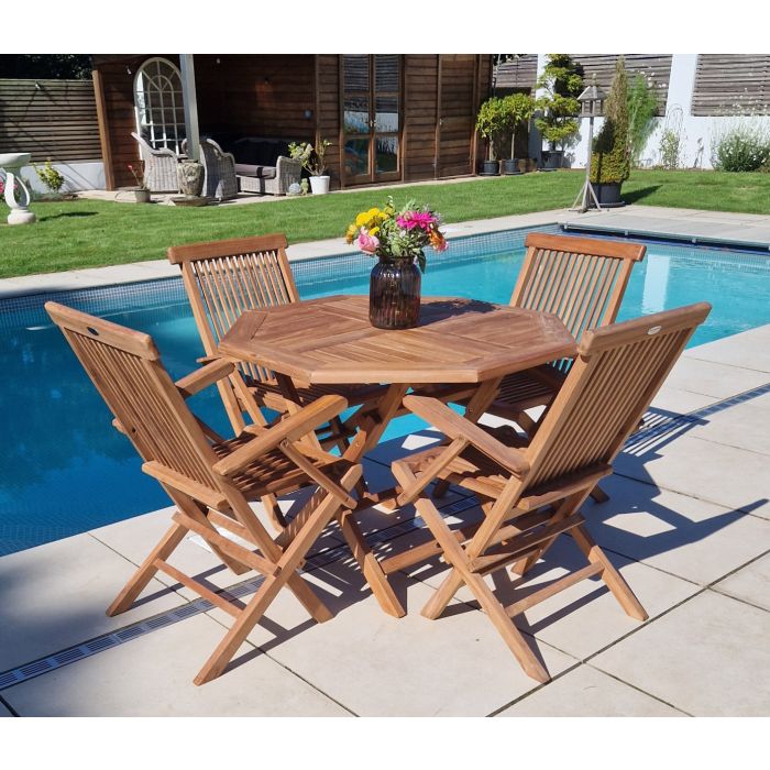 1m Teak Octagonal Folding Table with 4 Classic Folding Chairs - With or ...