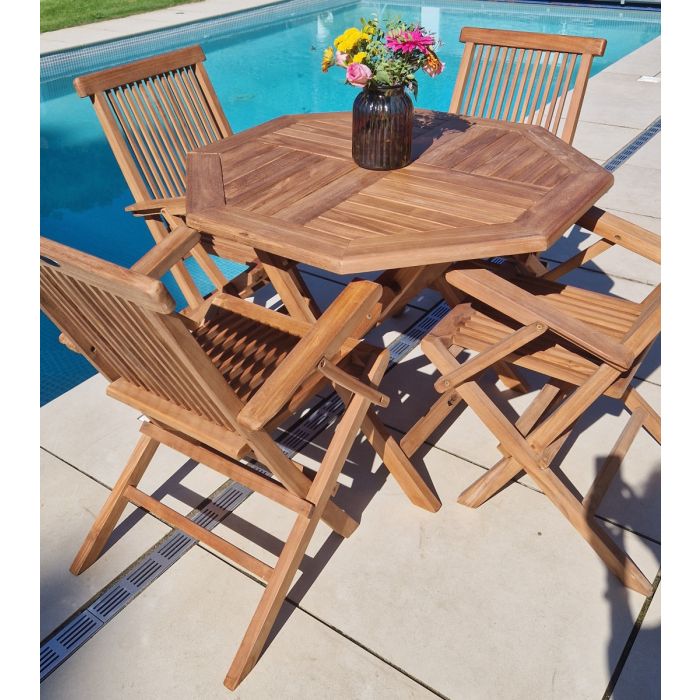 1m Teak Octagonal Folding Table with 4 Classic Folding Chairs - With or ...