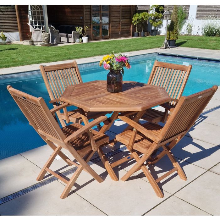 1m Teak Octagonal Folding Table with 4 Kiffa Folding Chairs / Armchairs ...