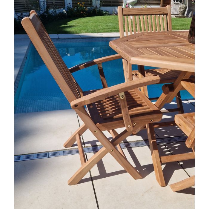 1m Teak Octagonal Folding Table with 4 Kiffa Folding Chairs / Armchairs ...