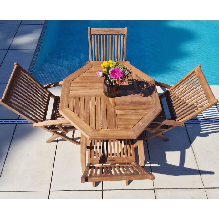 1m Teak Octagonal Folding Table with 4 Kiffa Folding Chairs / Armchairs ...