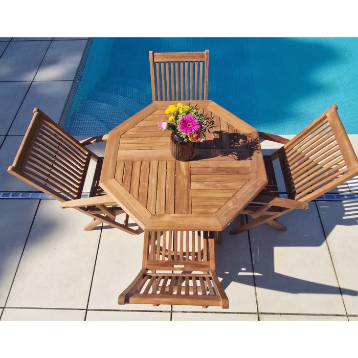 1m Teak Octagonal Folding Table with 2 Kiffa Folding Chairs & 2 Kiffa ...
