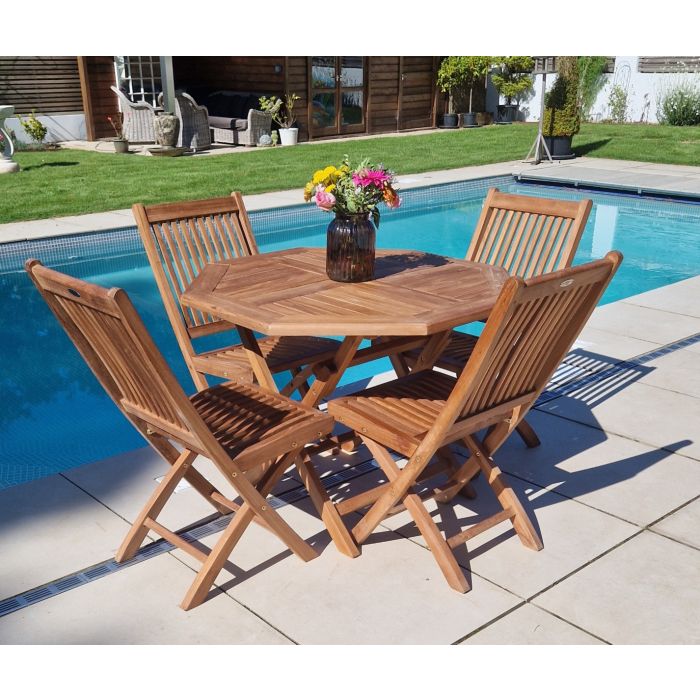 1m Teak Octagonal Folding Table with 4 Kiffa Folding Chairs / Armchairs ...