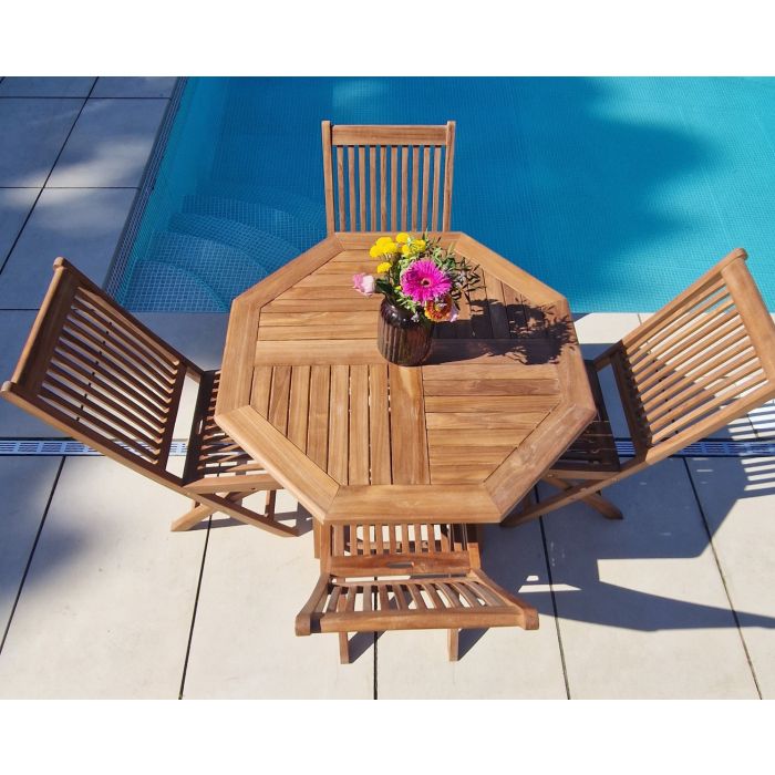1m Teak Octagonal Folding Table with 4 Kiffa Folding Chairs / Armchairs ...