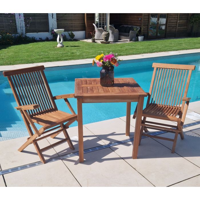 70cm Teak Square Fixed Table with 2 Classic Folding Chairs / Armchairs ...