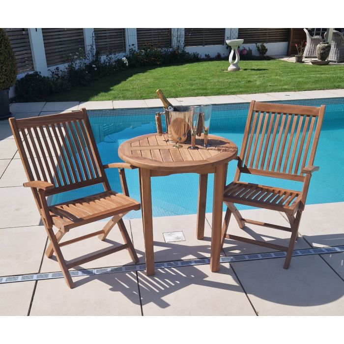 70cm Teak Circular Fixed Table with 2 Kiffa Folding Chairs / Armchairs ...
