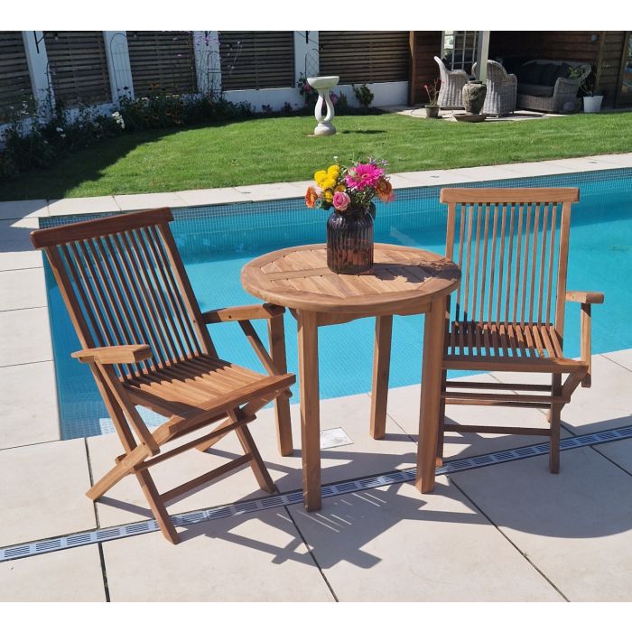 70cm Teak Circular Fixed Table with 2 Classic Folding Chairs ...