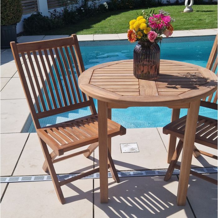 80cm Teak Circular Fixed Table with 2 Kiffa Folding Chairs ...