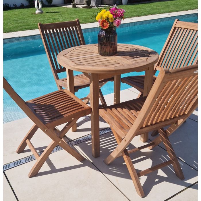 80cm Teak Circular Fixed Table with 4 Kiffa Folding Chairs / Armchairs ...