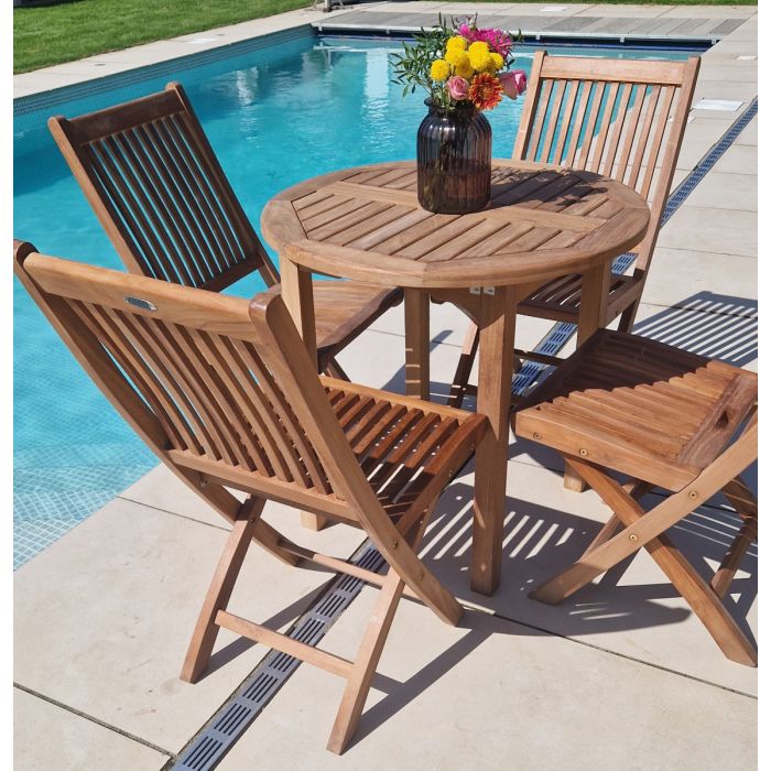 80cm Teak Circular Fixed Table with 4 Kiffa Folding Chairs / Armchairs ...