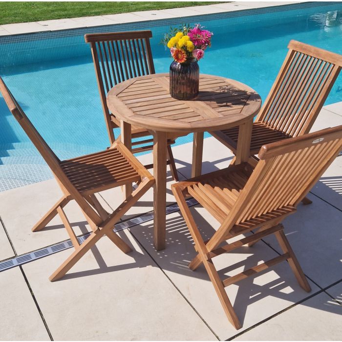 80cm Teak Circular Fixed Table with 4 Classic Folding Chairs ...