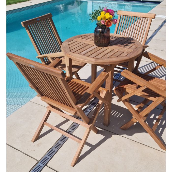 80cm Teak Circular Fixed Table with 4 Classic Folding Chairs ...