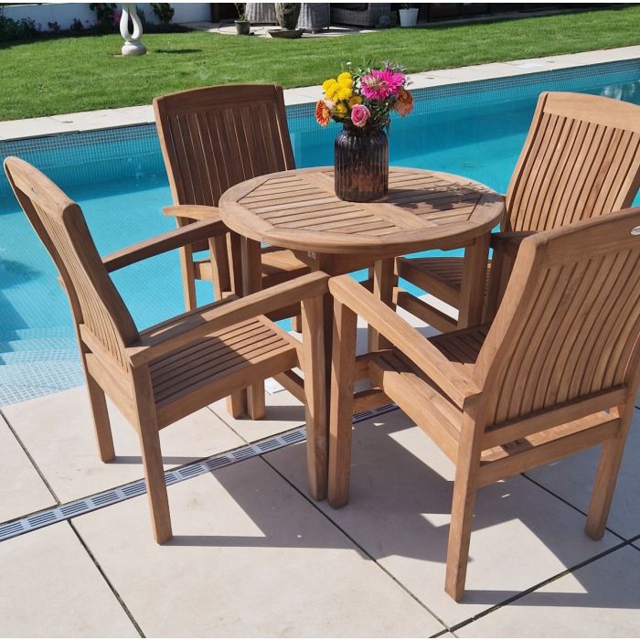 80cm Teak Circular Fixed Table with 4 Marley Chairs / Armchairs ...