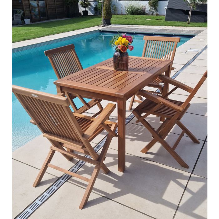1.2m Teak Rectangular Fixed Table with 4 Classic Folding Chairs ...