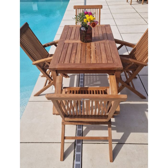 1.2m Teak Rectangular Fixed Table with 4 Classic Folding Chairs ...